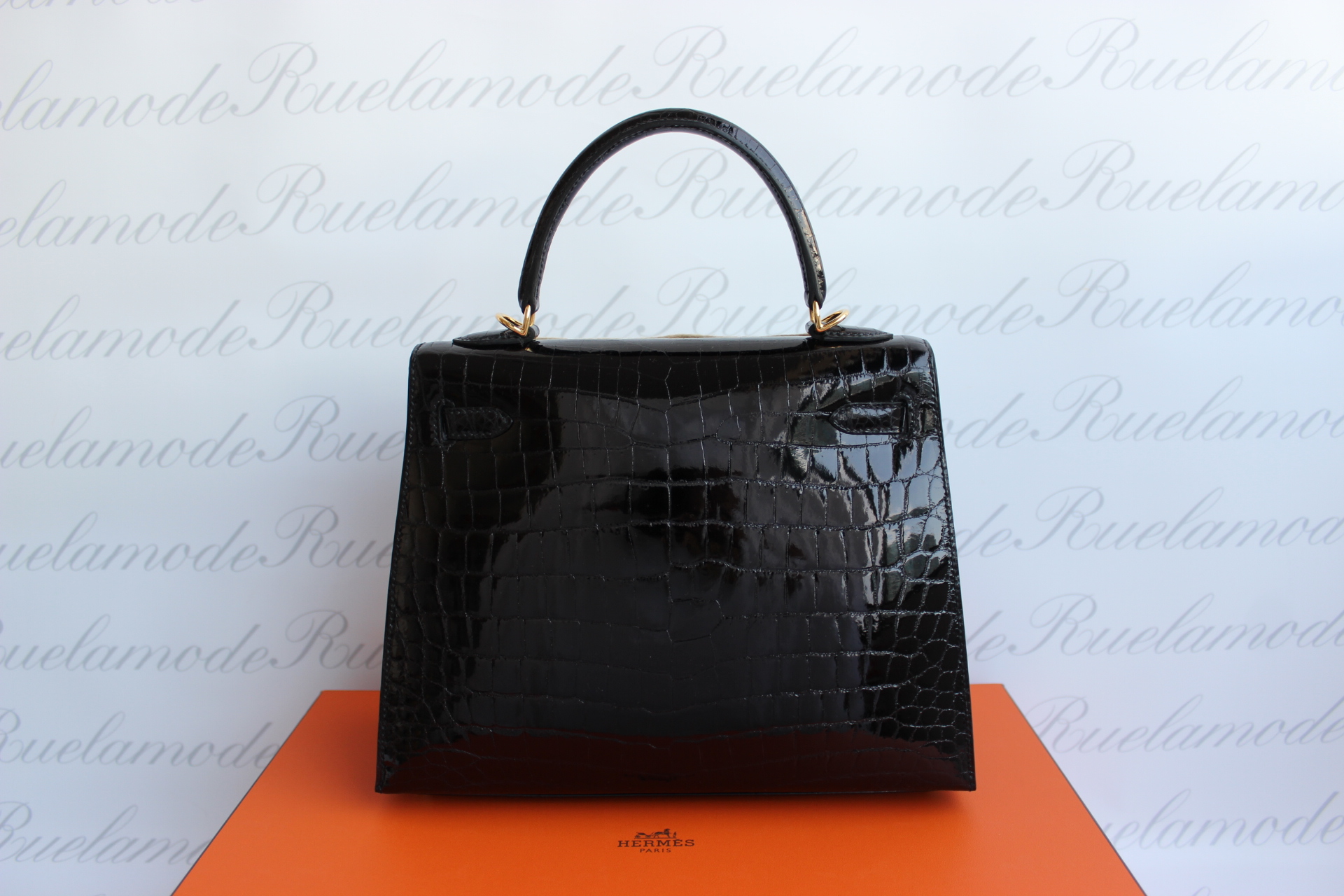 kelly 25 Black Shiny Croc – Ruelamode
